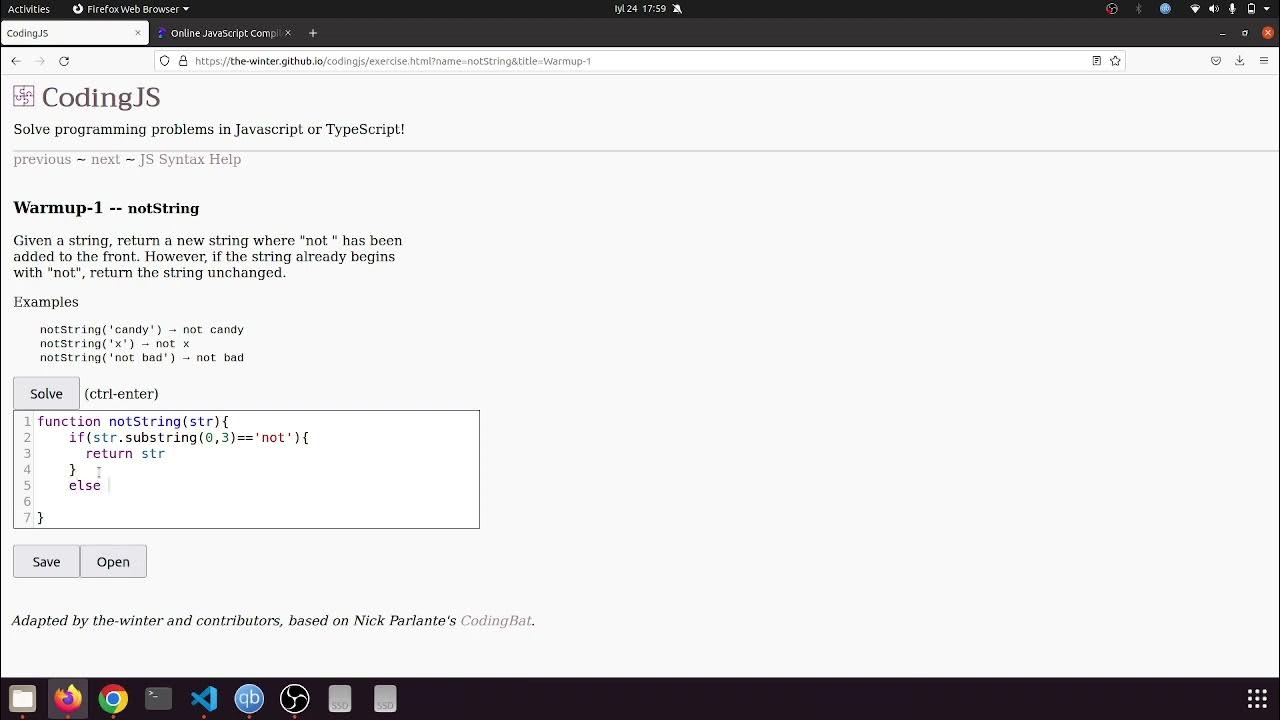 Warmup 1 Javascript solution notString - YouTube