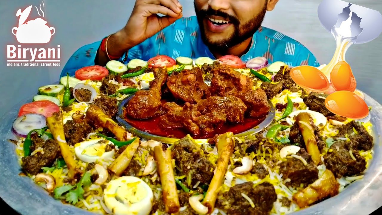 Eating Show - Spicy Mutton Biryani With Chicken Chaap Egg - Biriyani ...