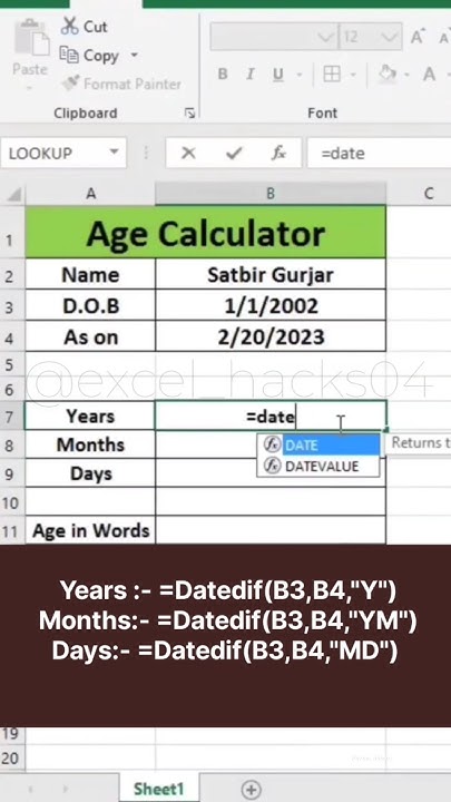 Age Calculator In Excel Excel Explore Shorts Viralshorts Exceltutorial Youtube