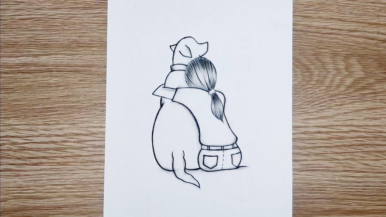 How to Draw a cute Girl Hugging her Dog || Pencil Sketch Drawing for ...