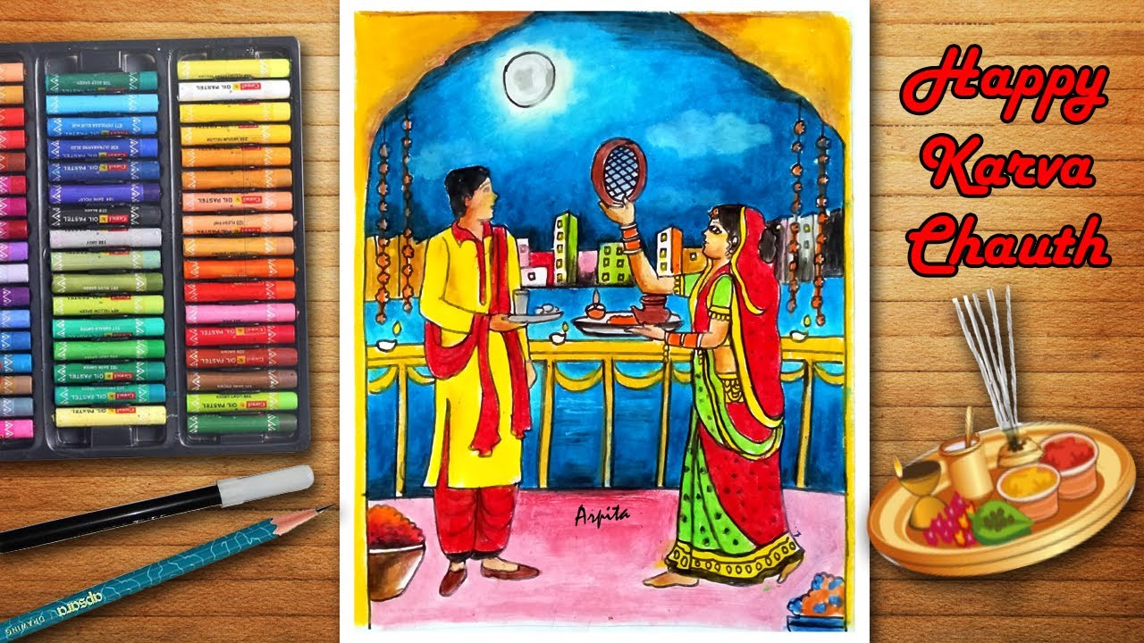 Traditional Karwa Chauth Drawing Very Easy | Happy Karva Chauth Drawing ...