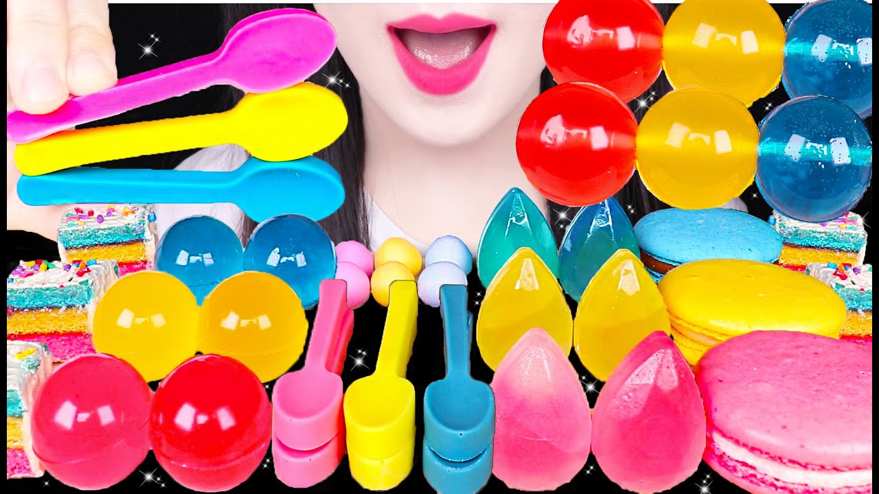 ASMR PINK, YELLOW, BLUE FOODS *EDIBLE SPOON, RAINDROP KOHAKUTO, CAKE ...