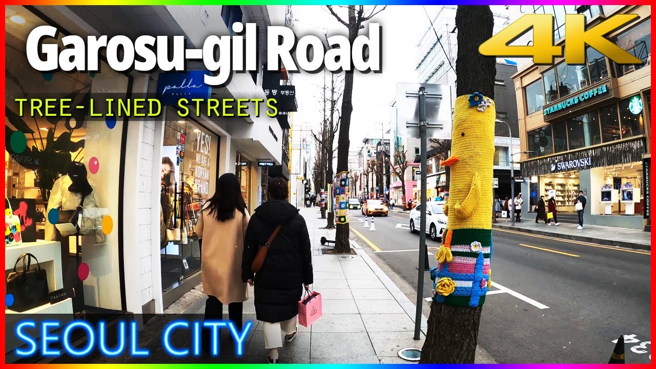 [4k] Walking in Tree lined street Garosu-gil Road, Seoul Korea 가로수길 ...