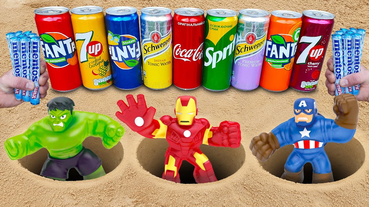 Hulk, Captain America, Iron Man VS Fanta, Cola, Sprite, 7Up and Mentos ...