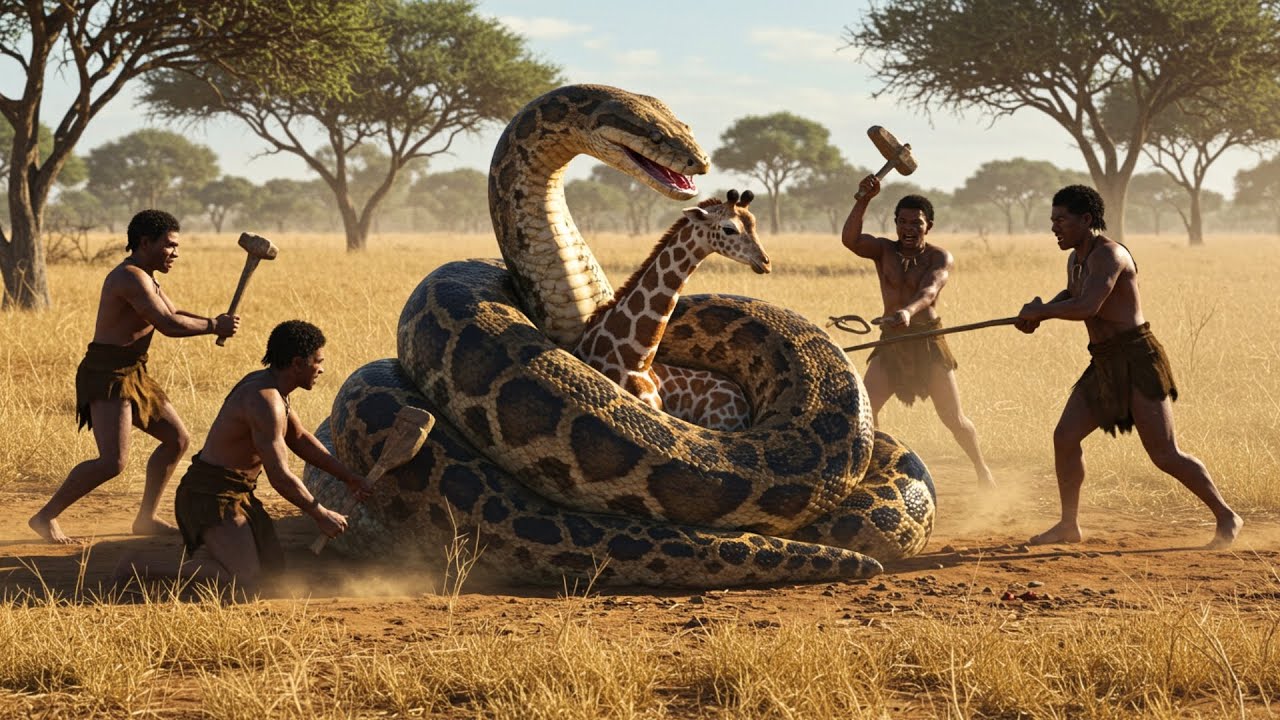 Hominids Saved a Young Giraffe from a Giant python During Brushfire ...