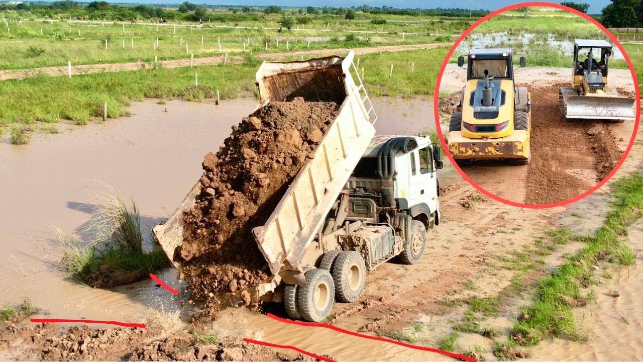 Dump Truck delivery Soil& Bulldozer and Roller Help to Connect Road ...