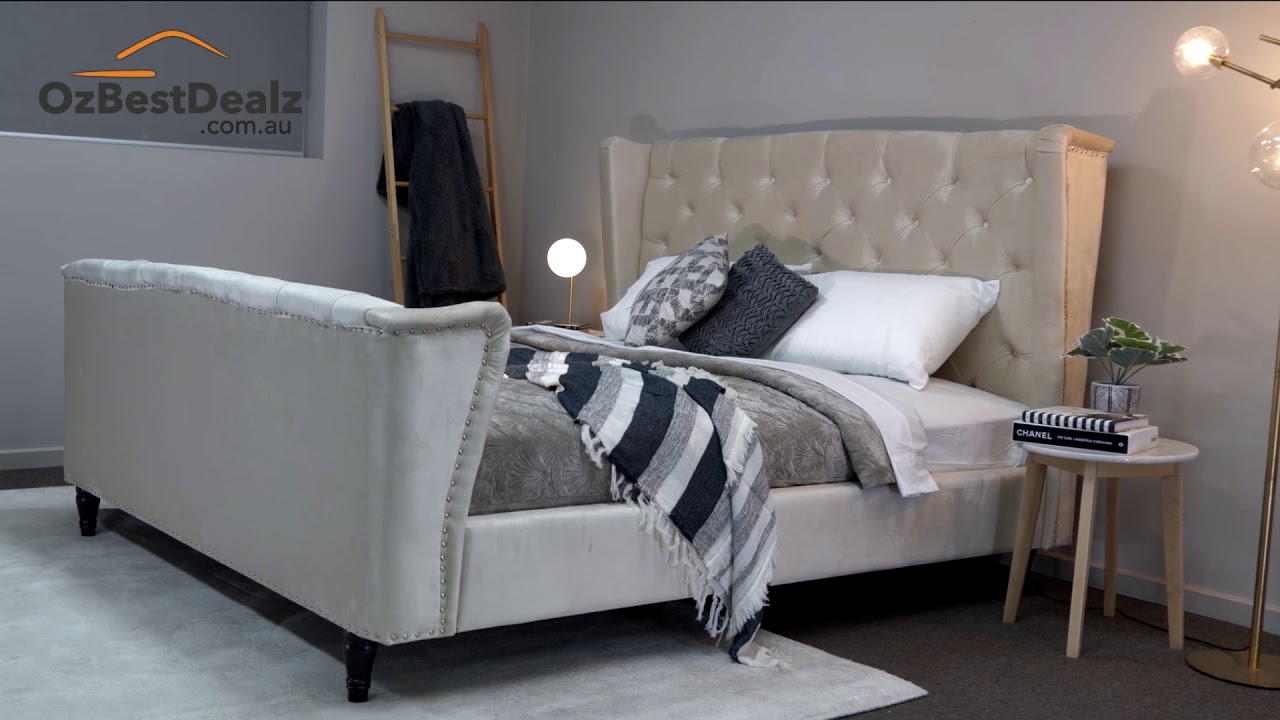 Zara king Bed Frame Studded Fabric Beige Plush Velvet Upholstered - YouTube