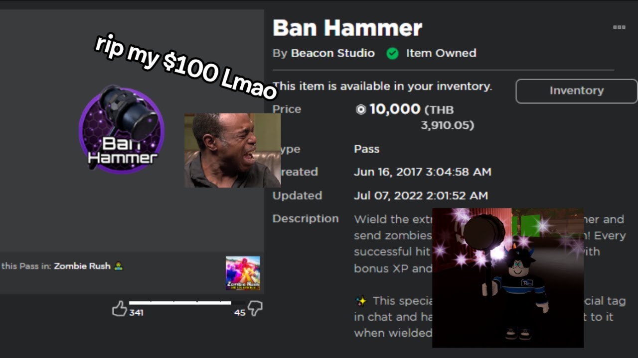 I WASTE $100 for BAN HAMMER lol - Roblox Zombie Rush - YouTube