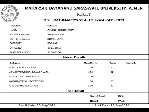 MDSU Result 2023 | MDSU MSc MATHEMATICS SEM III EXAM RESULT 2023 KAISE ...