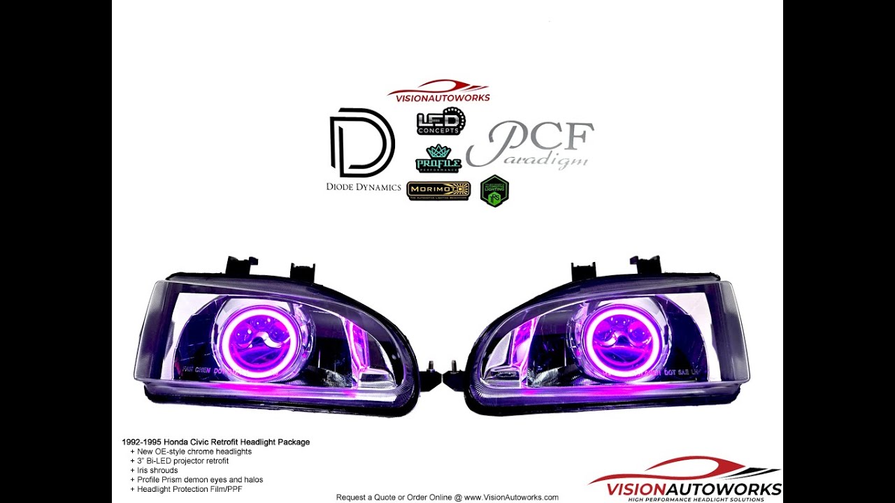 92-95 Honda Civic EG Custom Headlights - 3" Bi-LED, Iris, RGB halos and ...