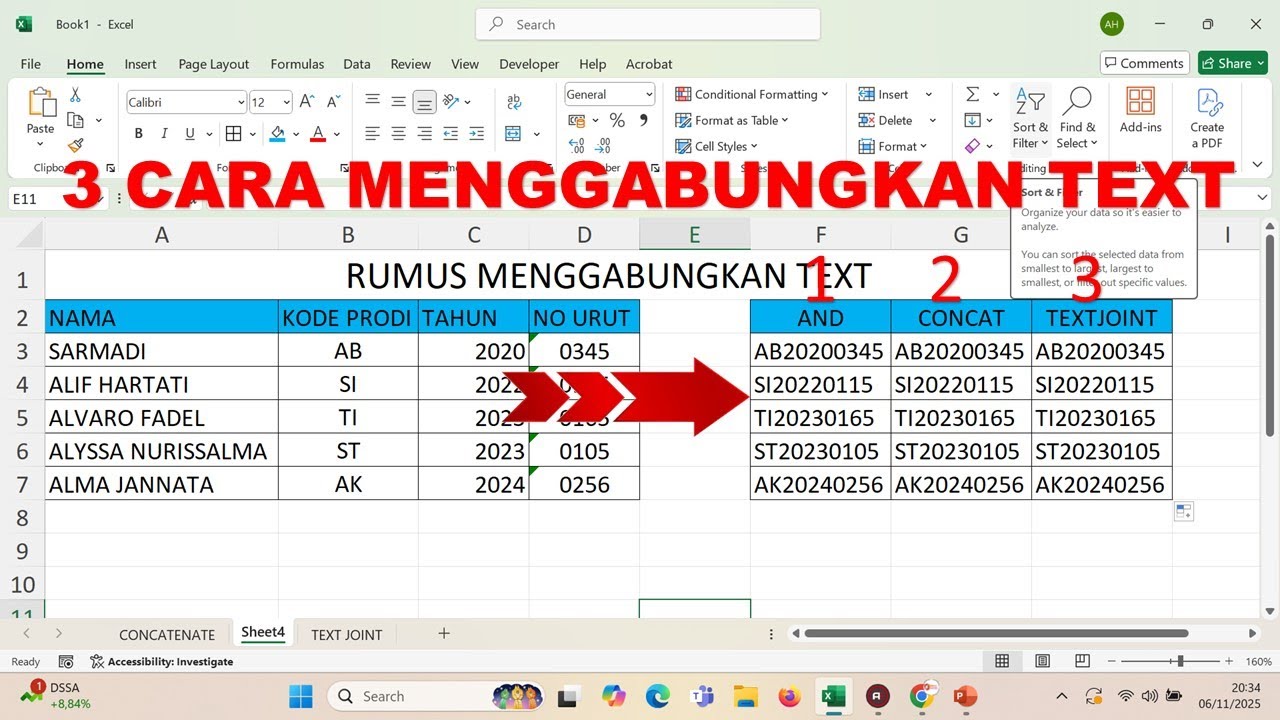 3 CARA MENGGABUNGKAN TEXT DI EXCEL - YouTube