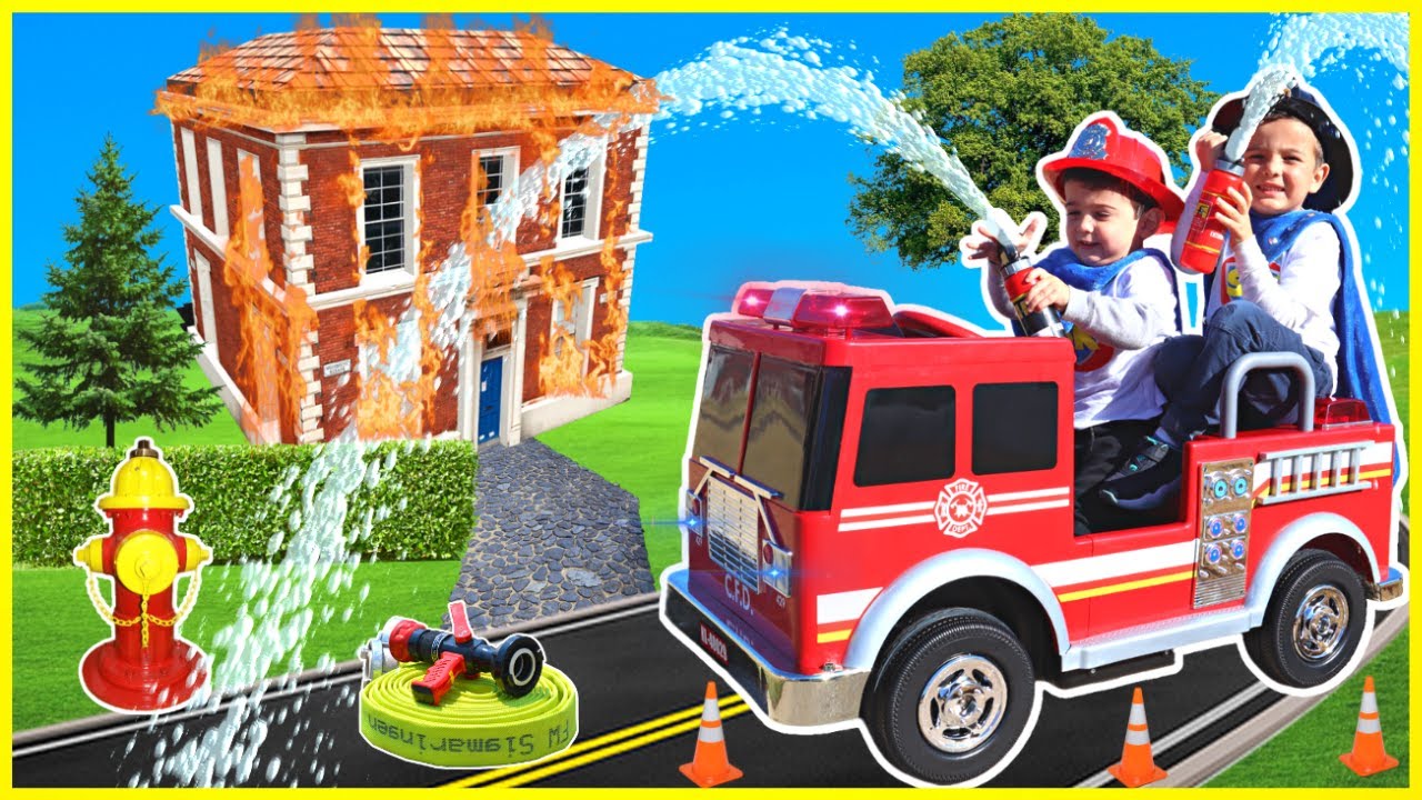 Firefighter rescue with power wheels fire truck and fireman training ...
