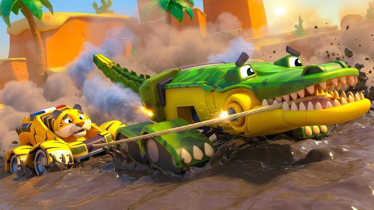 TIGER POLICE CAR is stuck in mud chasing a VILLAIN! Help, Crocodile ...