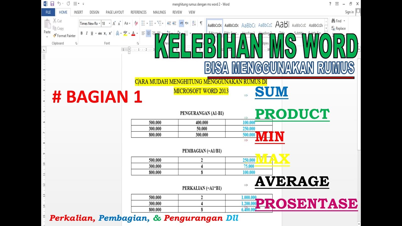 Cara menghitung dengan rumus di program microsoft word - YouTube