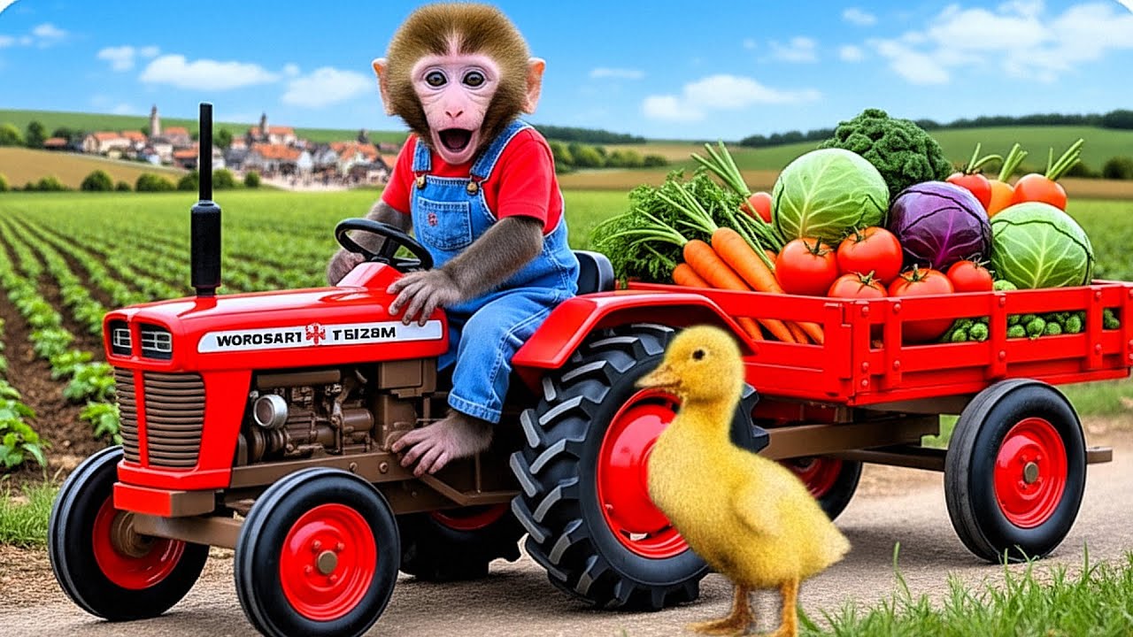 Monkey Farmer And Duckling Drives Tractor To Transport Vegetables To ...
