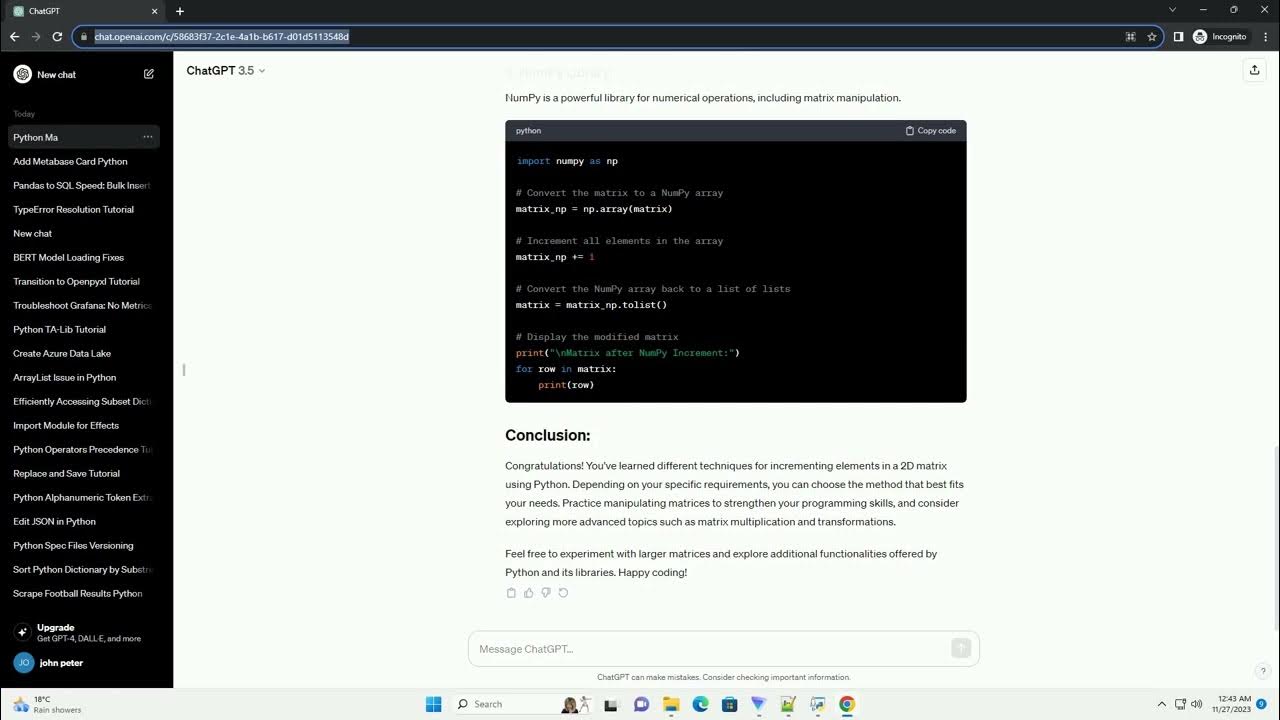 2D matrix python increment - YouTube