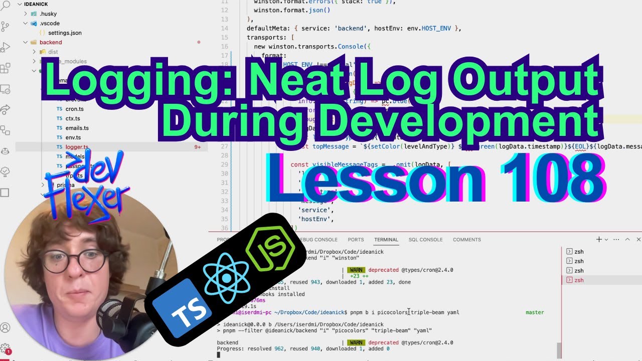 Lesson 108. Logging: Neat Log Output During Development (TypeScript, Node.js, React) - YouTube