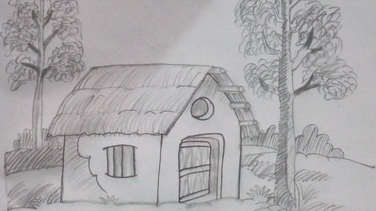 How to draw a house scenery by pencil. Drawing a scenery by pencil ...