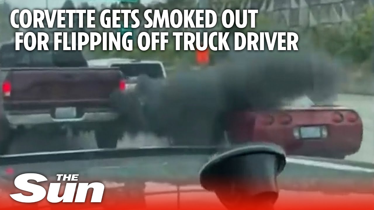 Corvette gets SMOKED OUT for flipping off truck driver - YouTube
