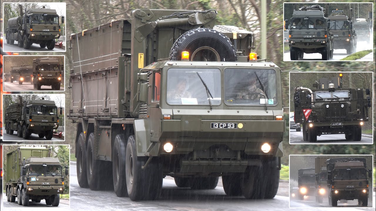 Many British Army engineering vehicles and trucks during NATO Exercise ...