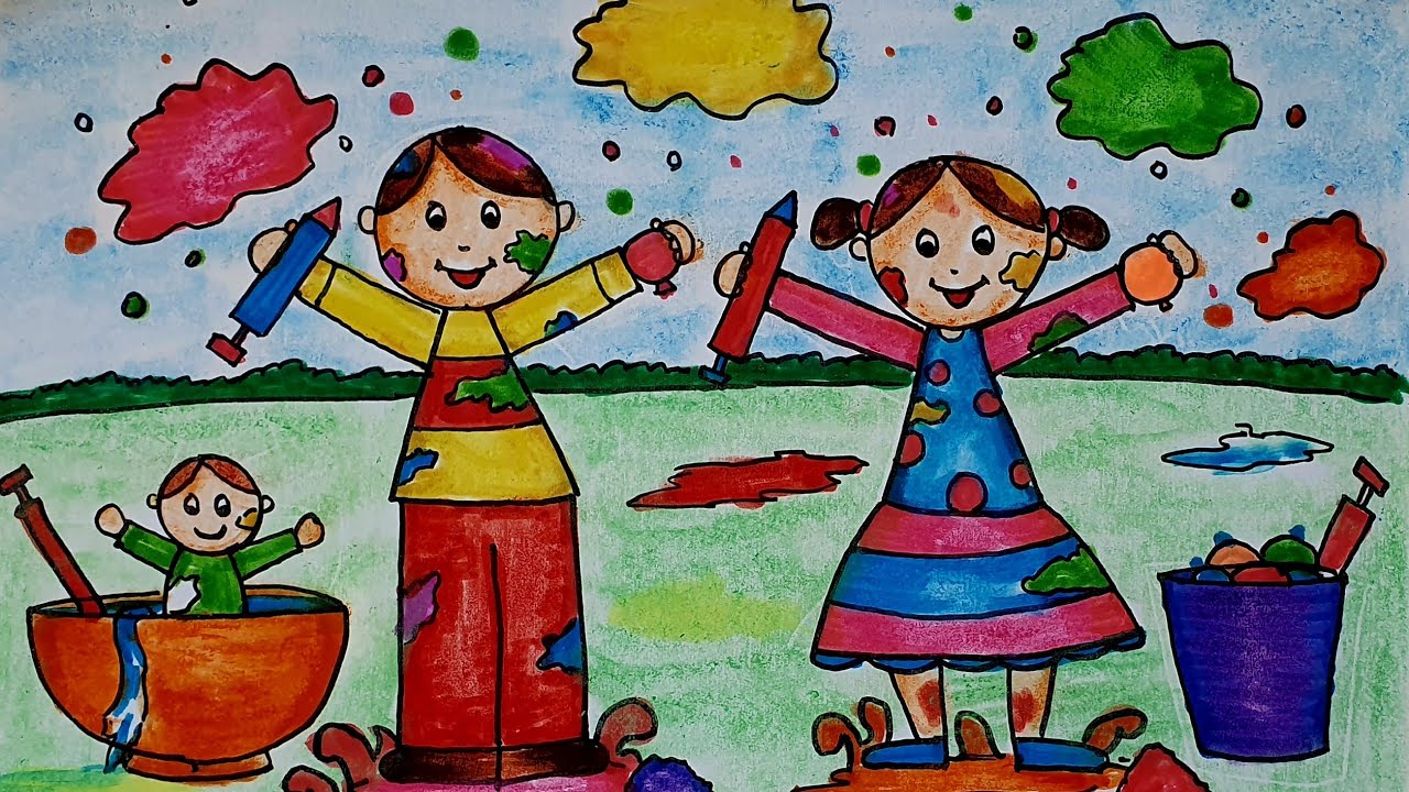 Holi festival drawing / holi drawing /drawing by using shapes / holi ...