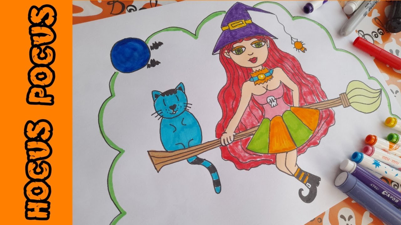 Hocus Pocus (Abracadabra): How To Draw Halloween 🎃 Witch On Broom - YouTube