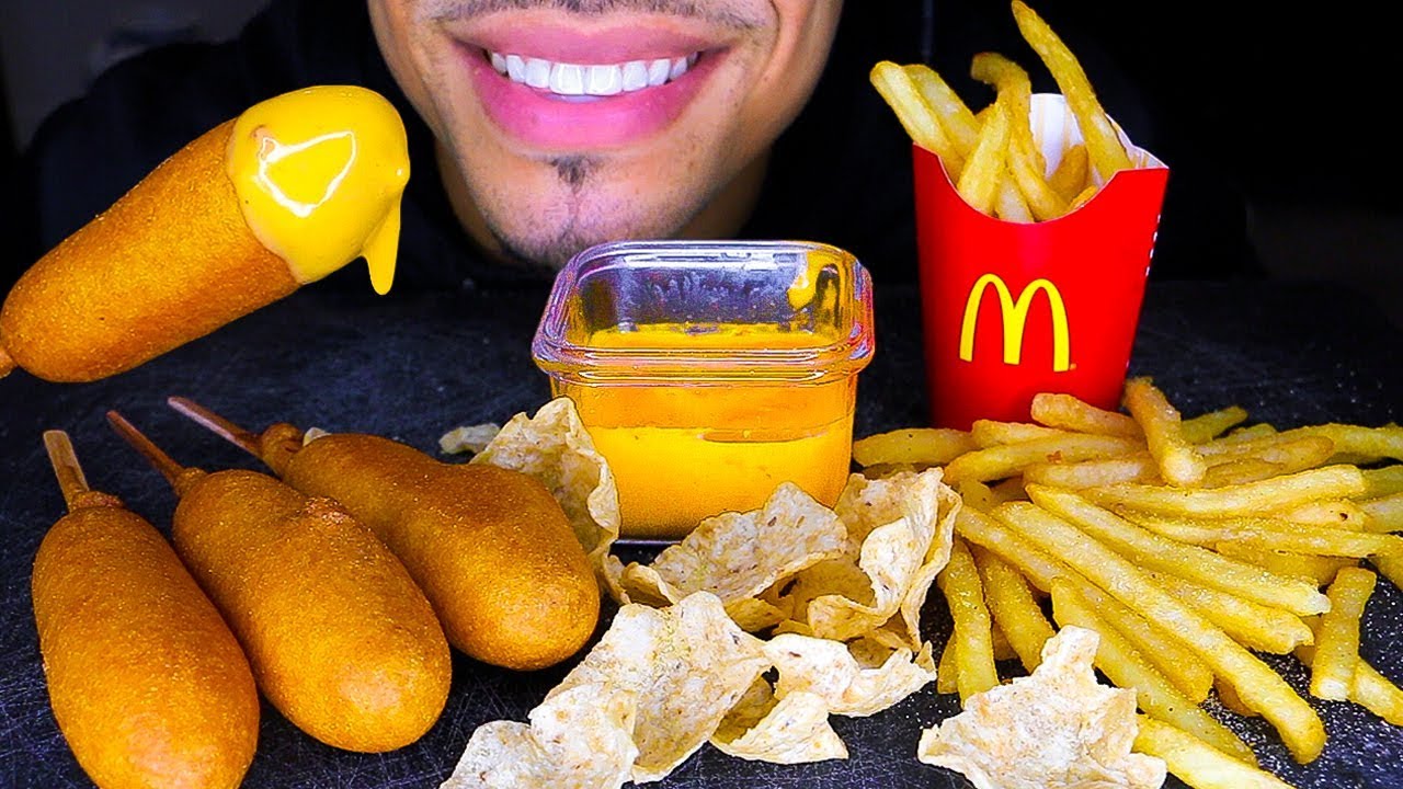 ASMR CHEESE SAUCE CORN DOGS MCDONALD'S FRENCH FRIES SCOOPS CHIPS ...