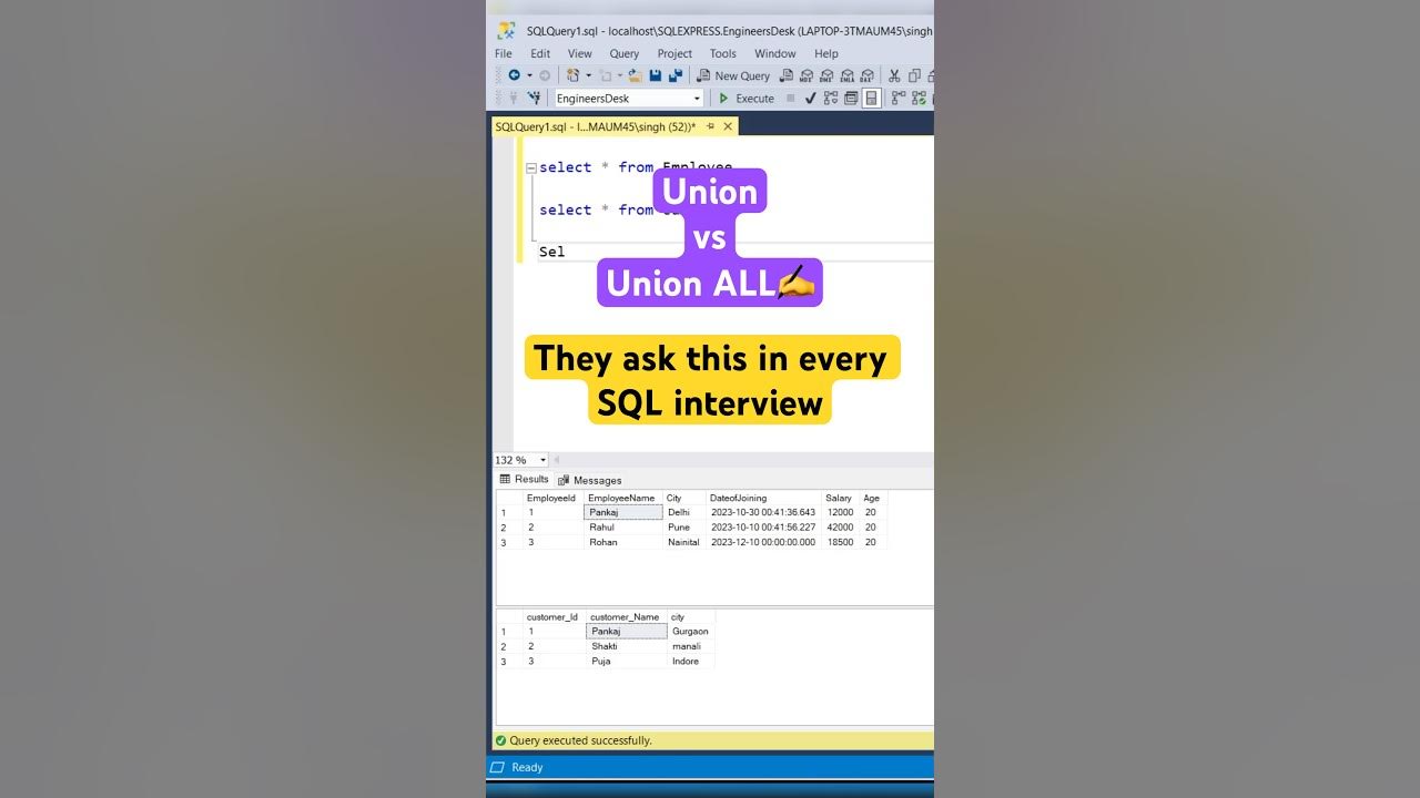 Difference between Union and Union ALL with practical examples #coding #shorts #sql #sqlqueries ...