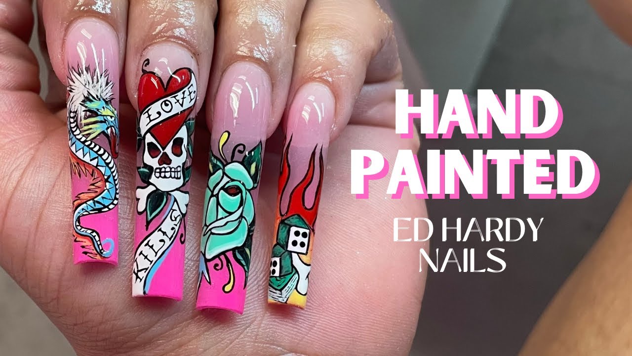 Hand Painted Ed Hardy Nail Art | Watch Me Work - YouTube