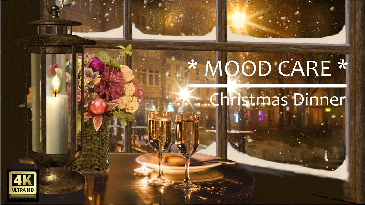 Cozy Christmas snowing candleligth dinner ambience scene to comfort ...