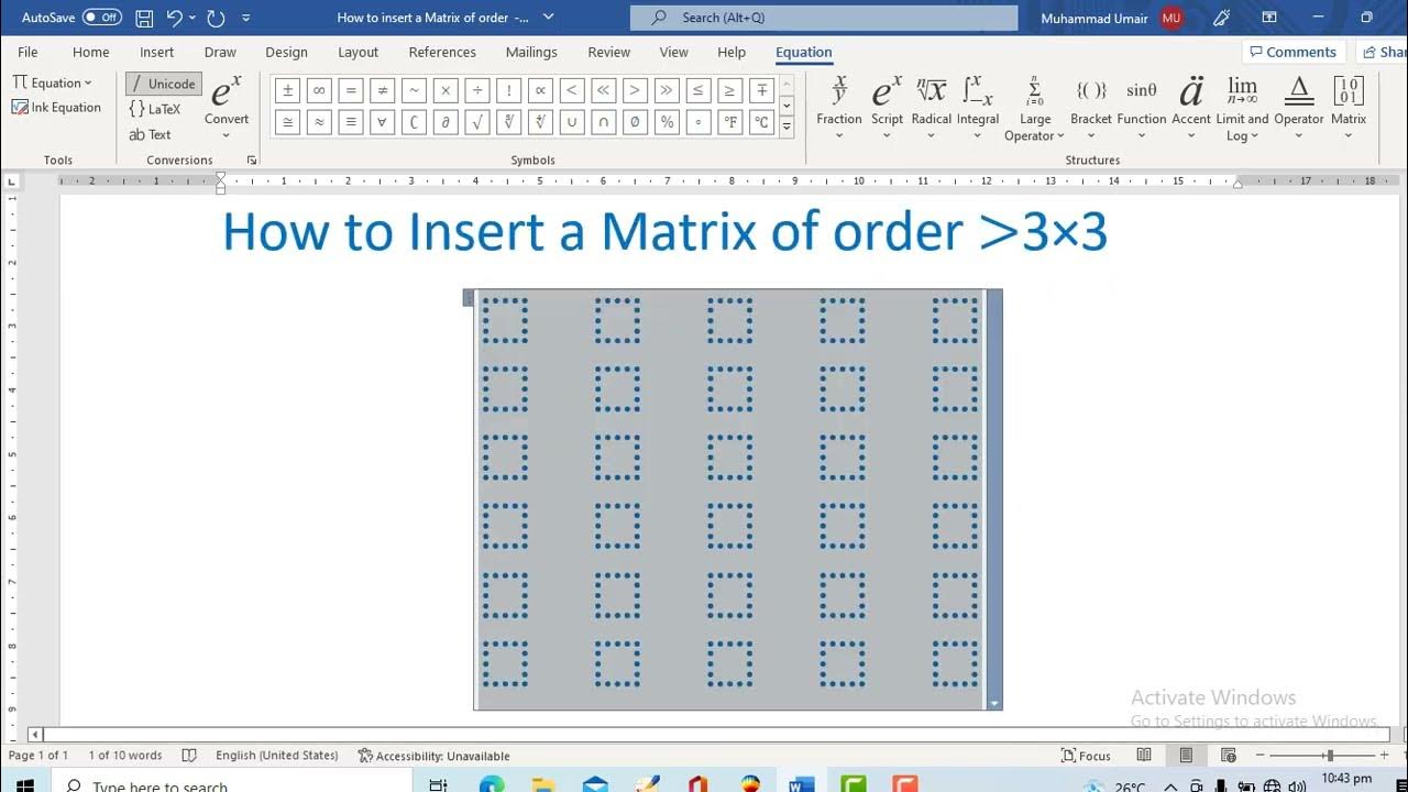 How to Insert Matrix of higher order || Matrix in MS-Word - YouTube