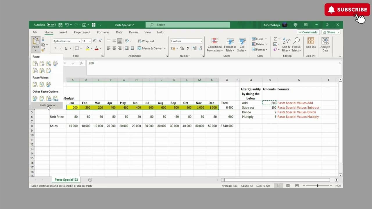 Excel Copy Paste Special Values [Add, subtract, divide, and multiply} - YouTube