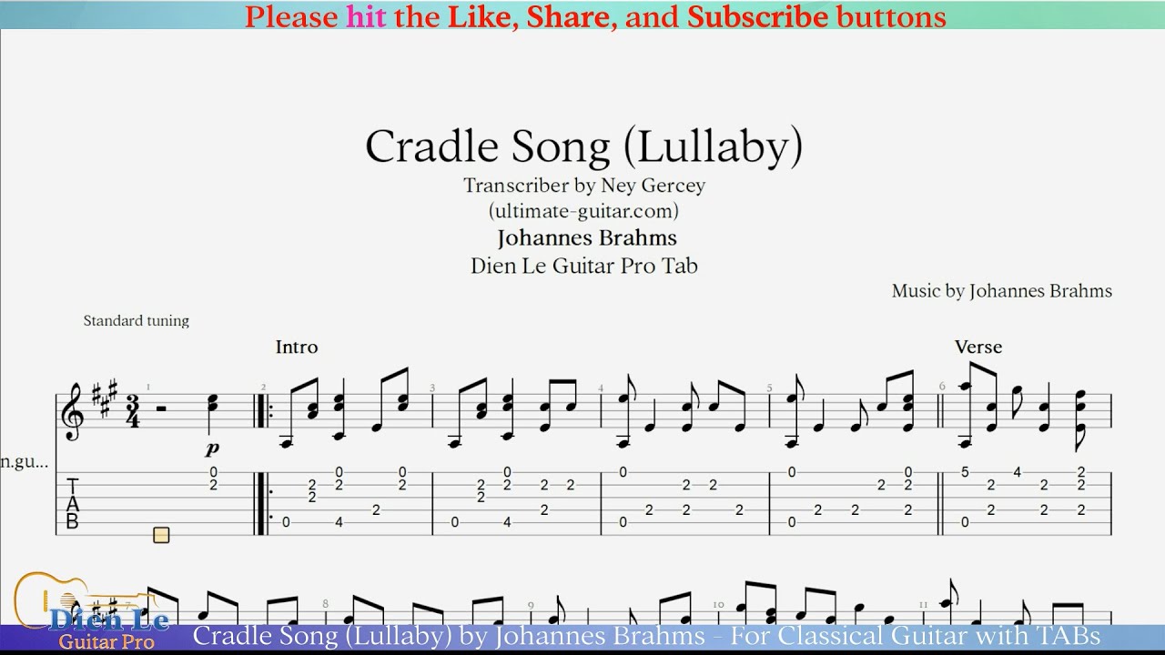 Cradle Song (Lullaby) by Johannes Brahms - For Classical Guitar with ...