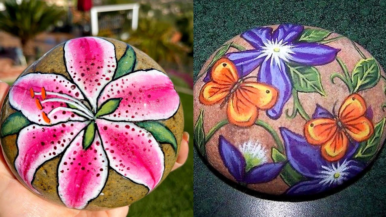 Awsome spring floral painting on rock and stone - YouTube