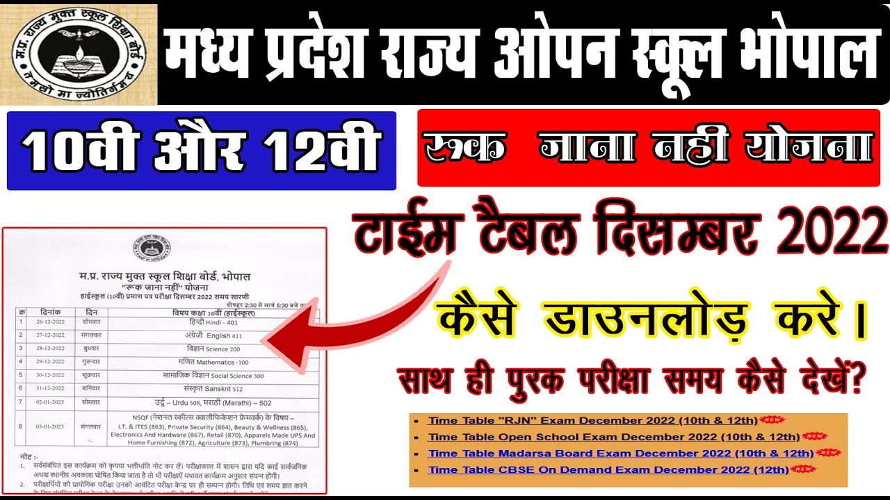 MP OPEN SCHOOL 10TH AND 12TH TIME TABLE DECEMBER 2022 | RUK JANA NHI ...