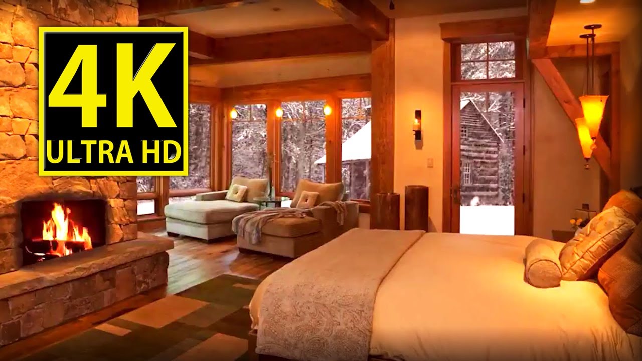 Camino acceso e neve fuori: video rilassante per meditare nella stanza ...