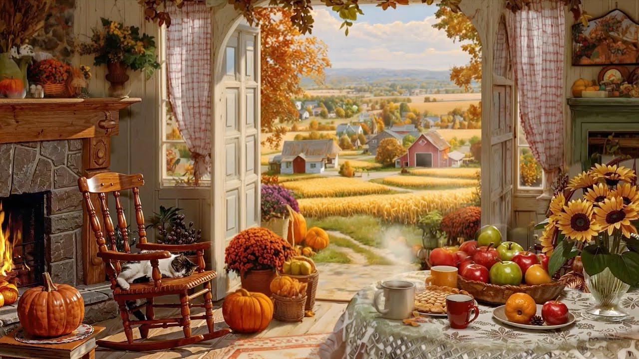 Pumpkin Farmhouse Ambience 🎃 Cozy Autumn Countryside with Fireplace ...