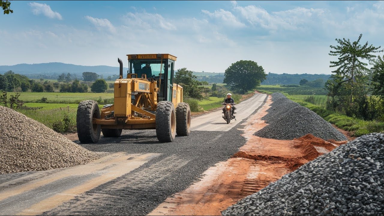 Amazing motor grader operating on a road foundation and spreading ...
