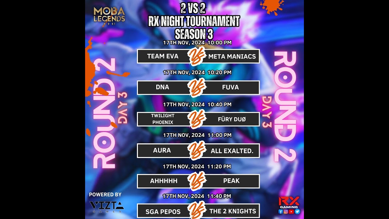 2V2 RX NIGHT TOURNAMENT SEASON 3 ROUND 2 DAY 3 l MOBA LEGEND 5V5 ! l RX ...