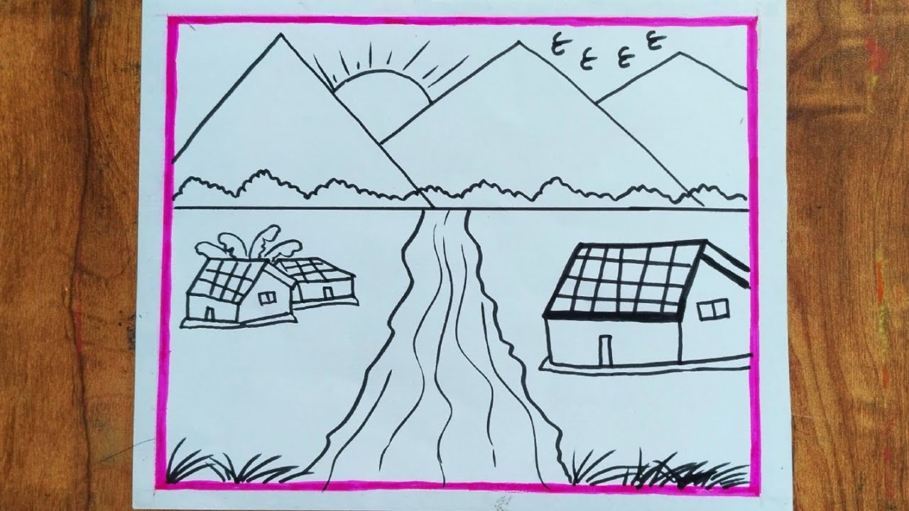 scenery drawing ll easy scenery drawing ll sun rise drawing - YouTube