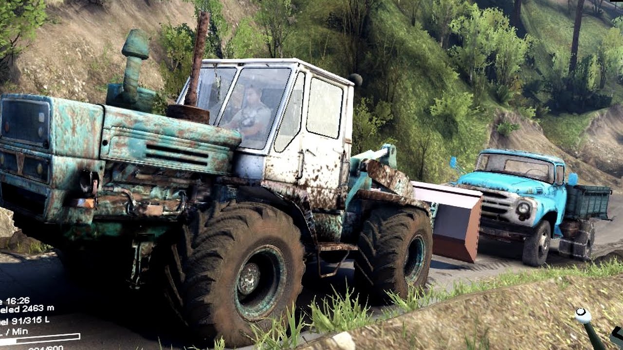 SPINTIRES 2014 - The Hill Map - T150K Tractor Towing a ZIL 130 Truck Up ...
