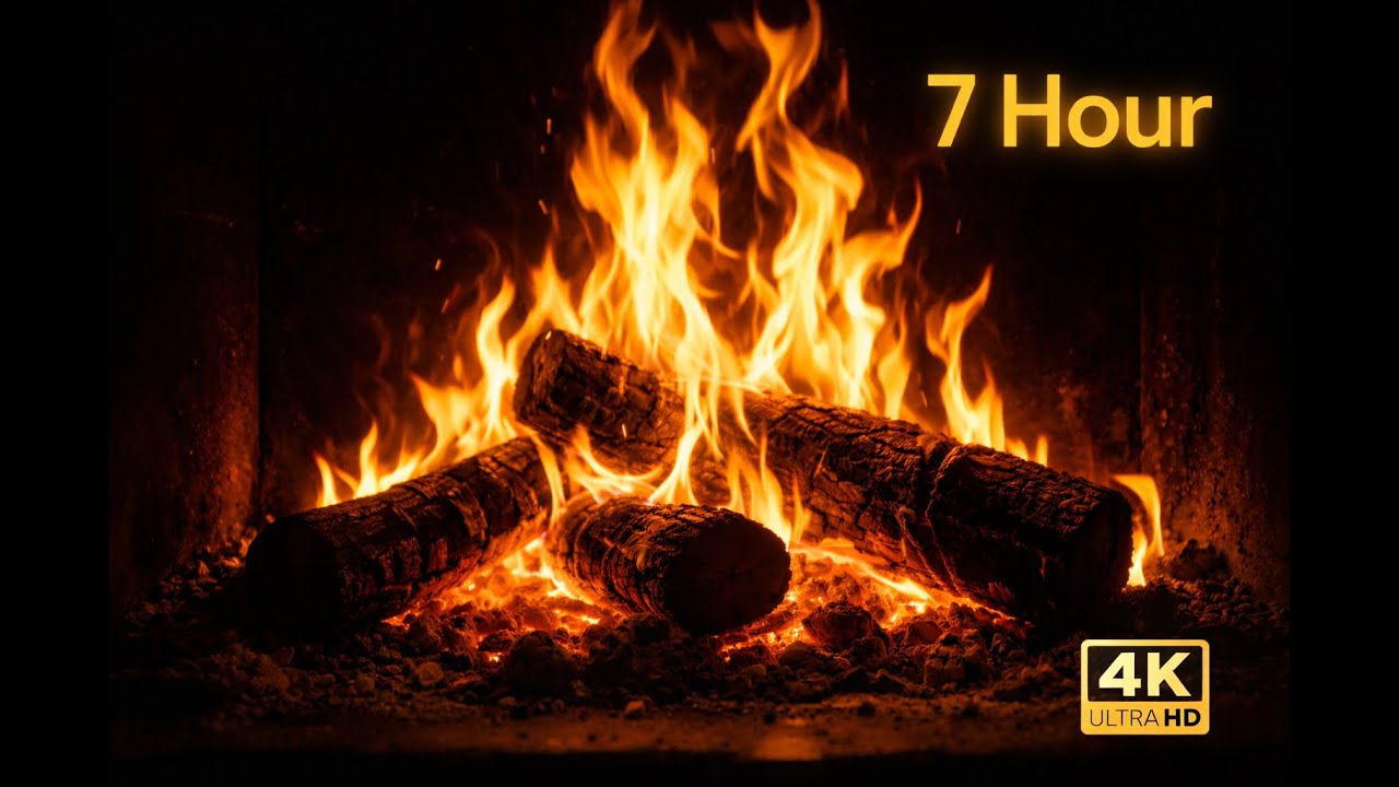 7 Hours Real Fireplace Fire 🔥 | 4K Ultra HD | Natural Fire Sounds (No ...