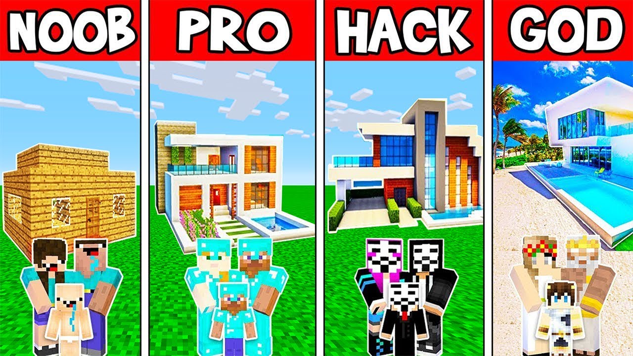 Minecraft: MODERN HOUSE FAMILY BUILD CHALLENGE - NOOB vs PRO vs HACKER ...