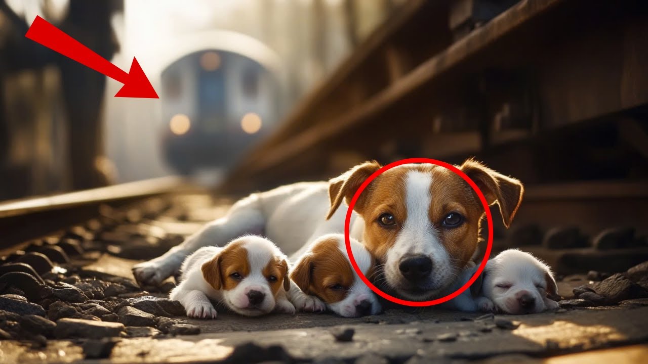 A dog on the train tracks, his three helpless puppies trembling as the ...