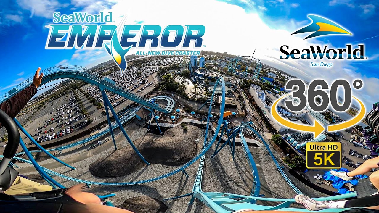 VR 360 5K Emperor Dive Roller Coaster On Ride Front Row POV SeaWorld ...
