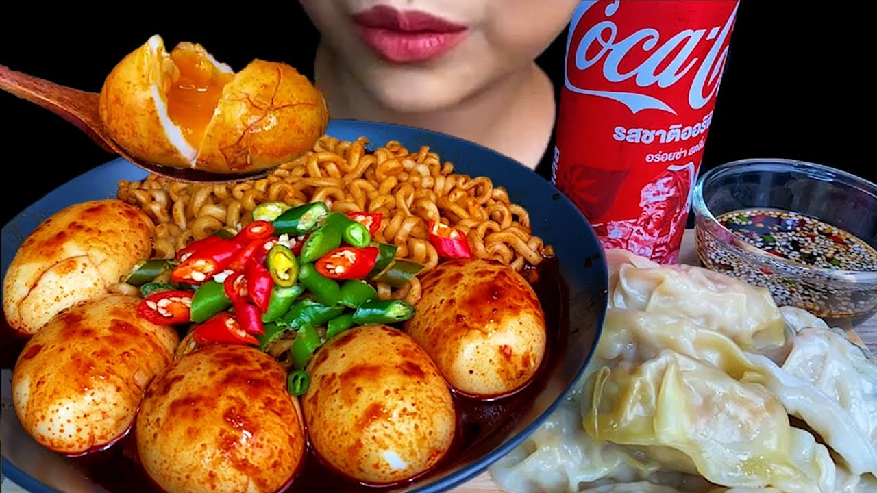 Soft Boiled Eggs, Dumpling & Spicy Fire Chicken Noodles * MUKBANG ...