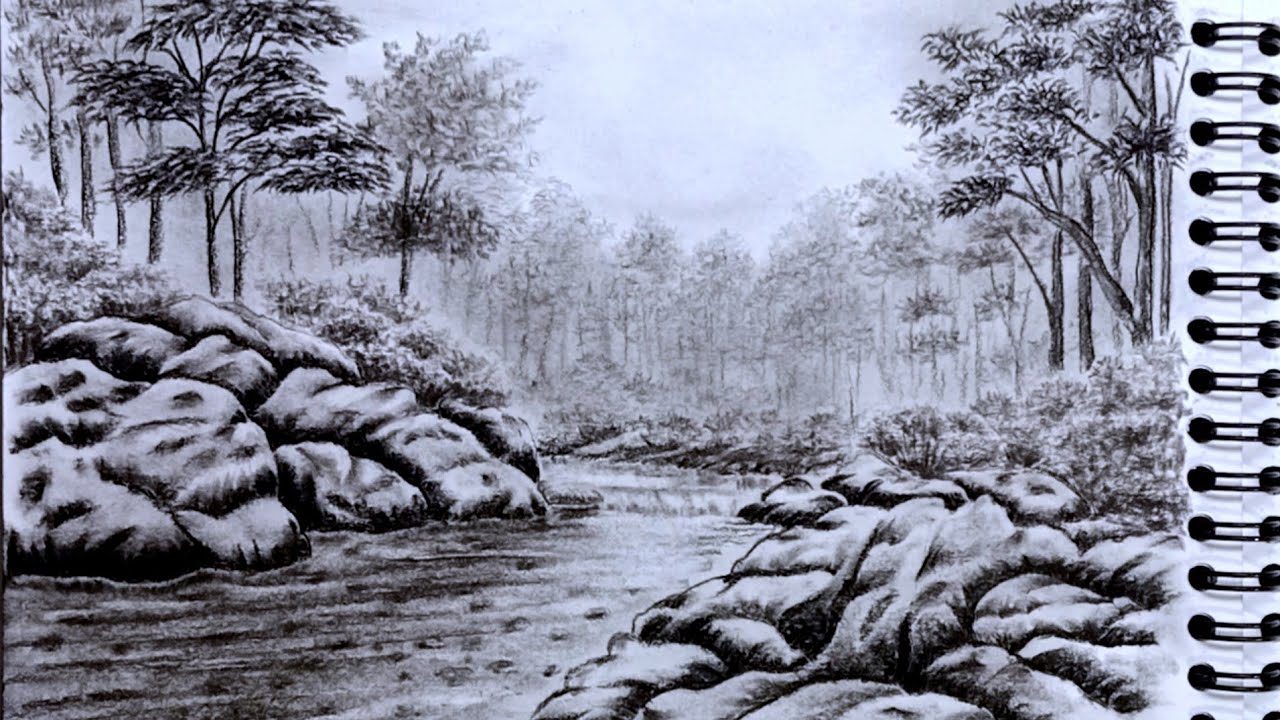 river in the middle of the forest, // draw the scenery using a pencil ...