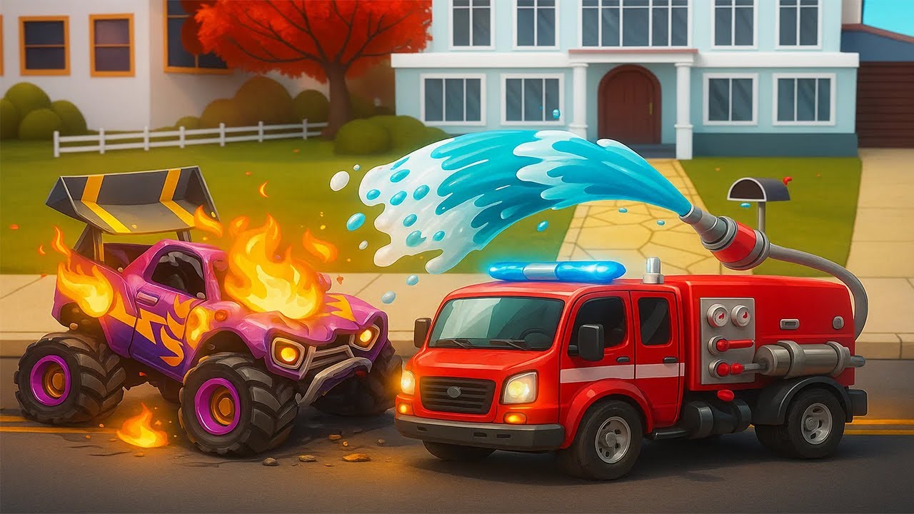 Monster truck on fire - Fire truck puts out the fire 🚒!! Save Monster ...