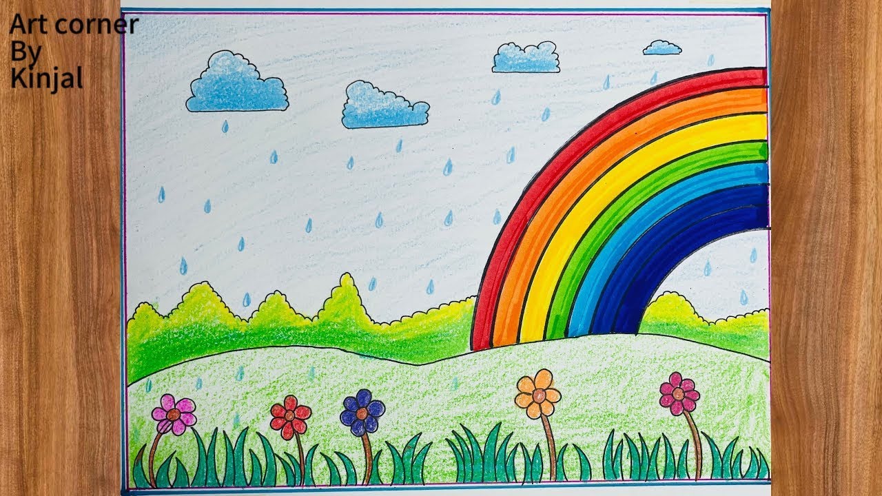 How to Draw garden scenery with rainbow||Easy rainbow drawing||garden ...
