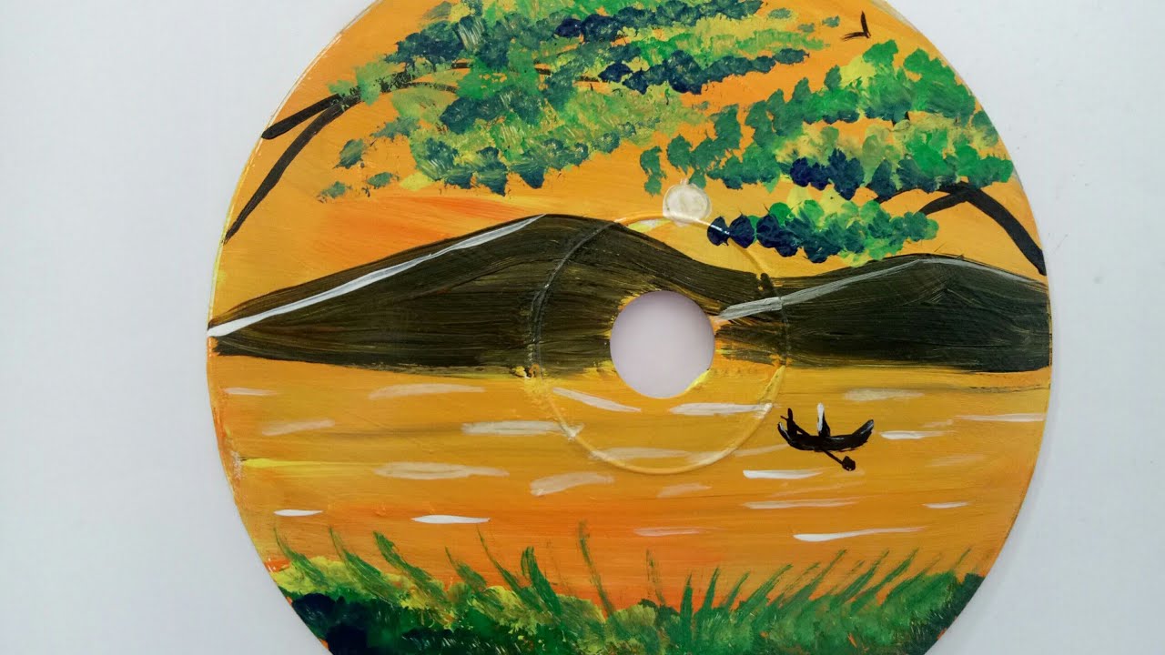 How to draw a scenery on old CD player with acrylic colours |#painting ...